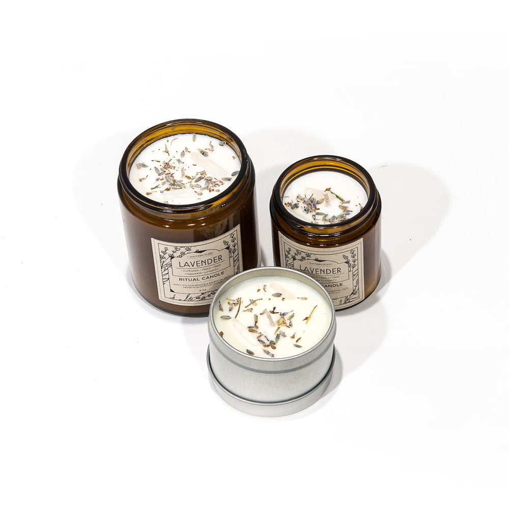 Ritual Lavender Candle with Quartz and Herbs - JSouthernStudio